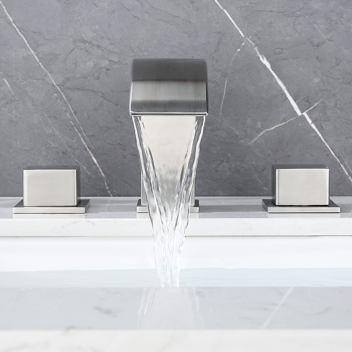 Waterfall Bathroom Faucet Brushed Nickel - Widespread 2 Handle 8 Inch 3 Hole Bathroom Sink Faucet, Basin Faucet Mixer Taps with cUPC Faucet Supply Line Hoses for Bathroom Restroom Vanity Lavatory