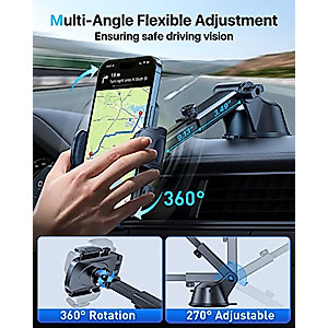 HTU Cell Phone Holder for Car [Powerful Suction Cup Never Fall] Universal Car Phone Holder Mount for Dashboard Windshield Air Vent Long Arm Cell Phone Car Mount Thick Case Heavy Phones Friendly