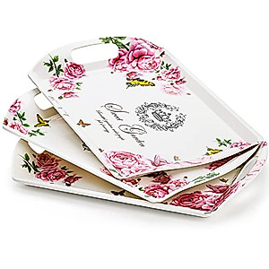 ZEAYEA 3 Pack Melamine Serving Tray, Large Serving Platter with Handle for Eating, 16" x 11.4" Rectangular Stackable Food Tray with Floral Print for Home, Party, Restaurant, Picnic