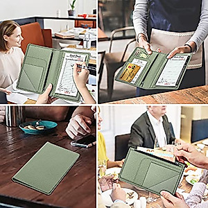 Fintie Server Book Organizer with Zipper Pocket, PU Leather Restaurant Guest Check Presenters Card Holder for Waitress, Waiter, Bartender (Sage Green)