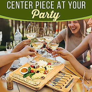 NutriChef Natural Bamboo Cheese Board Set with Bonus Condiment Cup-Extra Large Size 100% Home Organic Wooden Plate and Charcuterie Tray with 4 pcs Cutting Knife Slicer