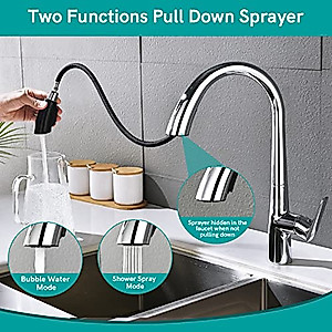 Fulgutonit Kitchen Faucet with Hidden Pull Down Sprayer, Modern High Arc Single Hole Pull Out Kitchen Sink Faucets for Bar Laundry RV Utility Sink, Chrome