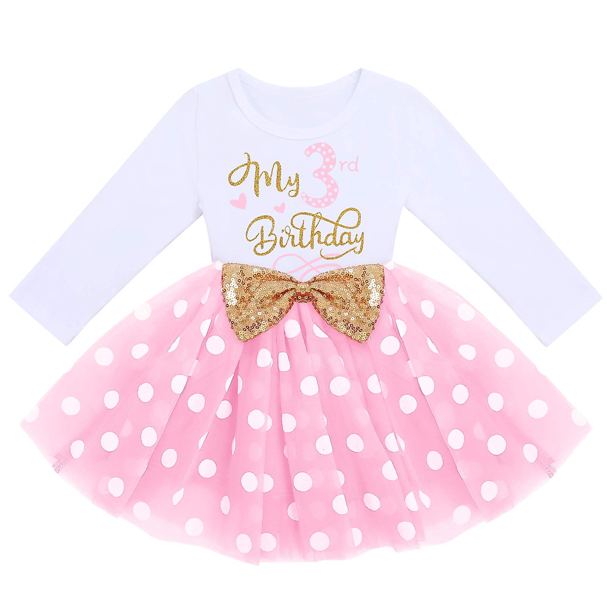Winter Birthday Outfit Girl My Third Birthday Mini Dress Up Cake Smash Outfit Toddler Baby Tulle Tutu Skirt Long Sleeve Mouse 3rd Birthday Party Supply Three Years Old Photo Props Polka Dots Pink