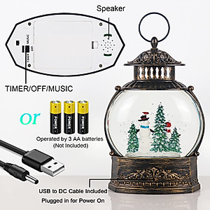 Wondise Lighted Christamas Snow Globe Lantern with Timer, 11.2 Inch USB Plug-in & Battery Operated Spinning Water Glitters Lighted Singing Snow Globe(Snowman)