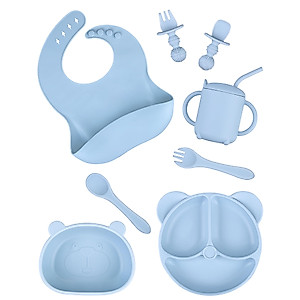 OFUN 8 Pack Silicone Toddler Feeding Set, Baby Led Weaning Supplies with Adjustable Bib, Divided Suction Plate, Bowl and a Sippy Cup, with 2 Spoon, 2 Folk, Eating Utensil for 6+ Months