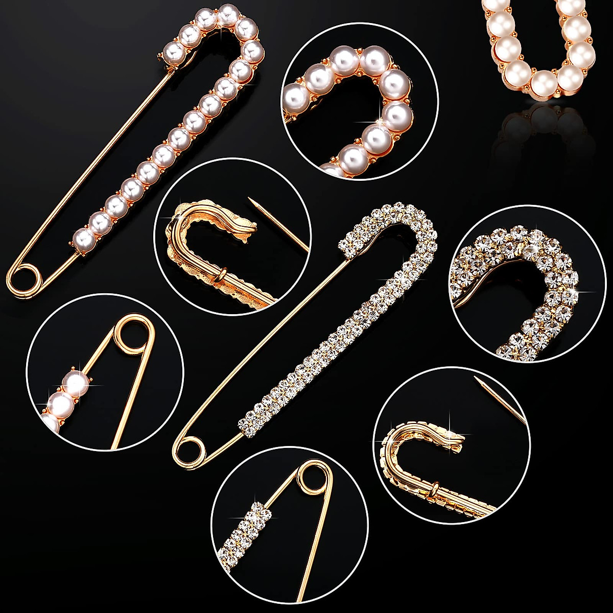 8 Pieces Women Brooch Pins Sweater Shawl Clips Faux Crystal Pearl Brooches Safety Pins Dress Shirt Clips for Women Gold Silver