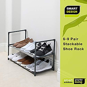 Smart Design Shoe Rack Shelf - Stackable - Laminated Liner - Steel Metal Frame - 2-Tier Holds 6 Pairs - Entryway, Closet, & Garage - Home Organization