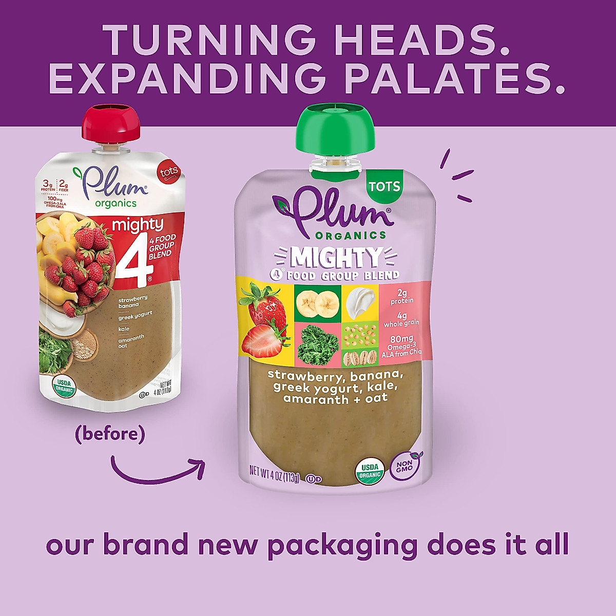 Plum Organics Mighty 4 Organic Toddler Food - Strawberry, Banana, Greek Yogurt, Kale, Amaranth, and Oat - 4 oz Pouch (Pack of 4) - Organic Fruit and Vegetable Toddler Food Pouch