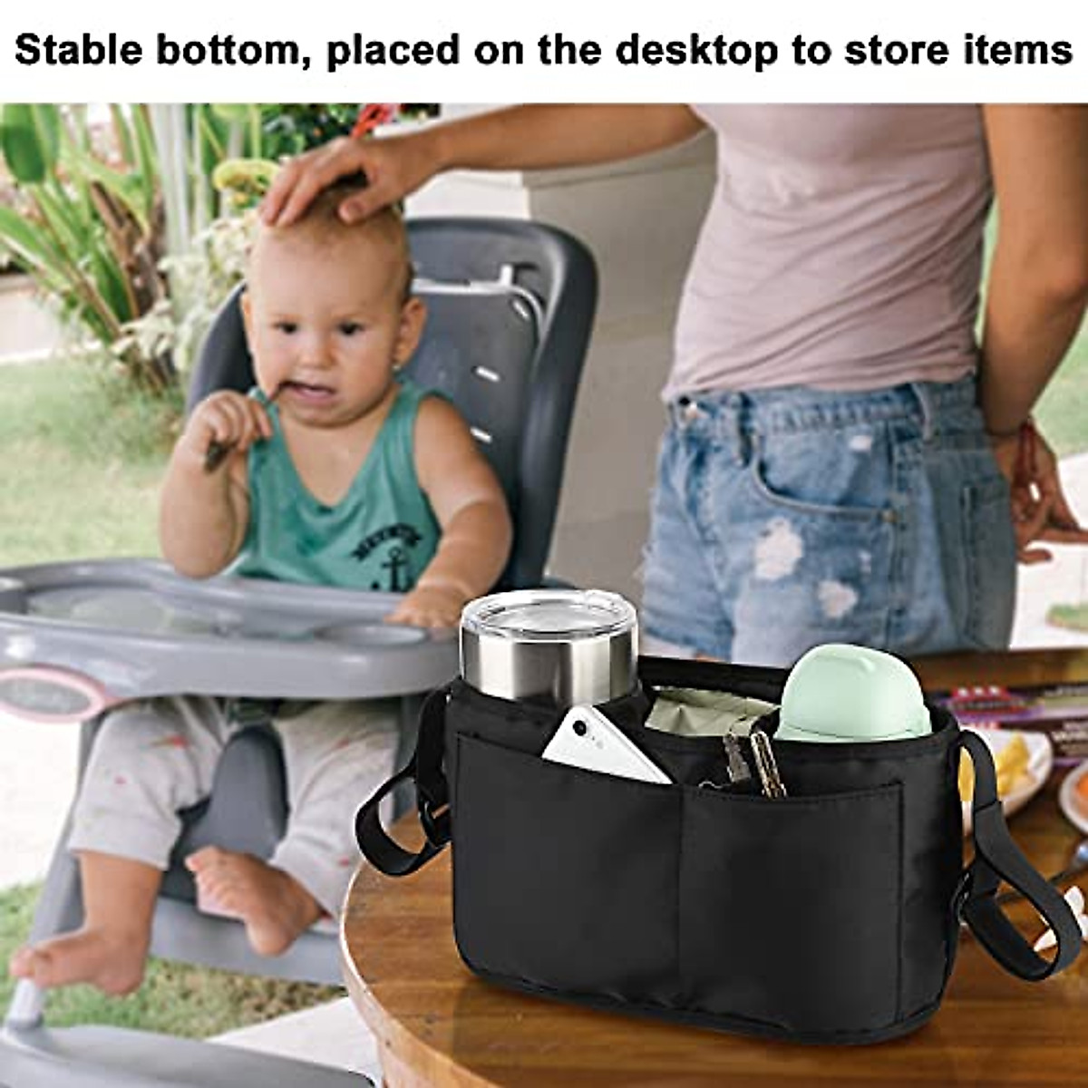 Beautyflier Universal Baby Stroller Organizer with Insulated Cup Holder and Shoulder Strap, Fits for Stroller like Uppababy, Baby Jogger, Britax, Bugaboo, BOB, Umbrella and Pet Stroller, Pockets for Carrying Diaper, Phone, Keys, Toys and Snacks (Black)