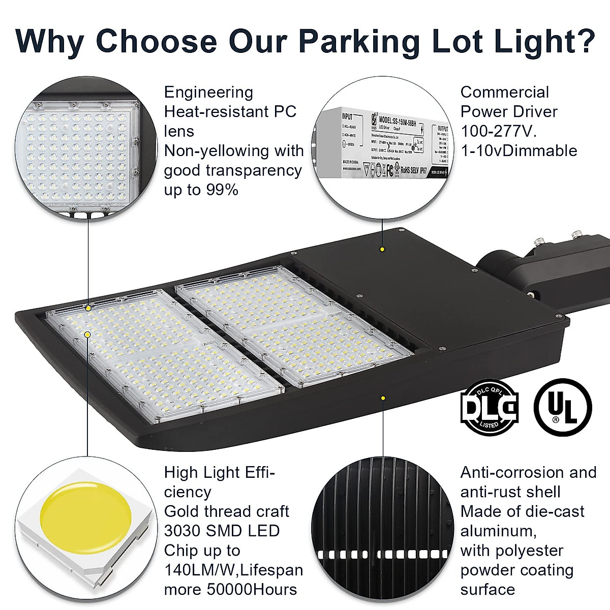 300W LED Parking Lot Light 42000 LM Commercial Outdoor Light 5000K 1-10V Dimmable LED Shoebox Area Light (1000W HID/HPS Equivalent), Yoke Mount IP65 100-277V AC, UL&DLC Listed