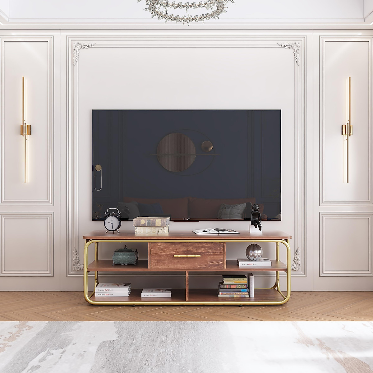 Annivia Television Stands TV Console Table with 4 Storage Shelves & Drawer -Universal TV Stand Media Cabinet for Flat Screen TV, Coffee Table Home Entertainment Center for Living Room, Office,Rosewood