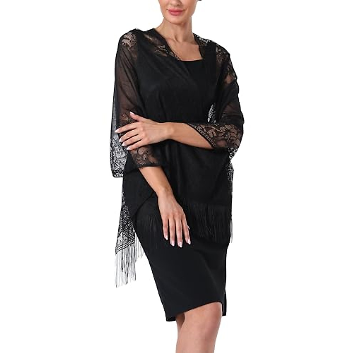 BRYCTSISEN Women’s Floral Lace Shawls and Wraps for Evening Dress Fringe Lace Pashmina Scarf for Wedding Costume Party (Black)