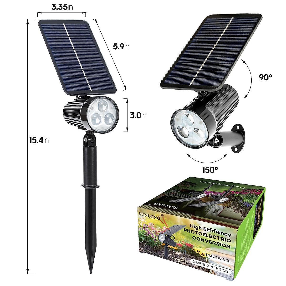 SUNLONG Solar SpotLights Outdoor Waterproof ip65, Warm Solar Spot Lights Outdoor for Walkway Yard Pathway Garden Landscape, 2-in-1 Spot Spotlights Solar Powered for Flag