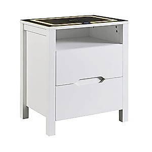 Modern Nightstands with Wireless Charging and Adjustable LED, Wooden End Side Table with 2 Storage Drawers and Open Shelf, Bedside Table for Bedroom Living Room Office, White