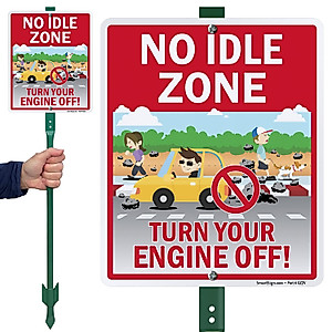 SmartSign 12 x 10 inch “No Idle Zone - Turn Your Engine Off” LawnBoss Yard Sign with 3 foot Stake, 40 mil Laminated Rustproof Aluminum, Multicolor, Set of 1, Made in USA