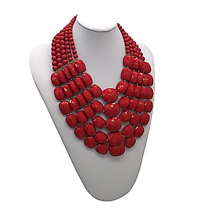 JHWZAIY 5 Layered Colorful Beaded Statement Chunky Necklaces For Women Fashion African Tribal Costume Jewelry Earring Set Multi Strand Bead Collar Choker Bib Handmade (5 layers red)