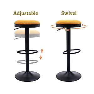 EALSON Modern Swivel Bar Stools Set of 2 Adjustable Counter Height Backless Barstools with Metal Base Fabric Upholstered Round Bar Stool Chairs for Kitchen Island/Pub/Breakfast Bar, Yellow
