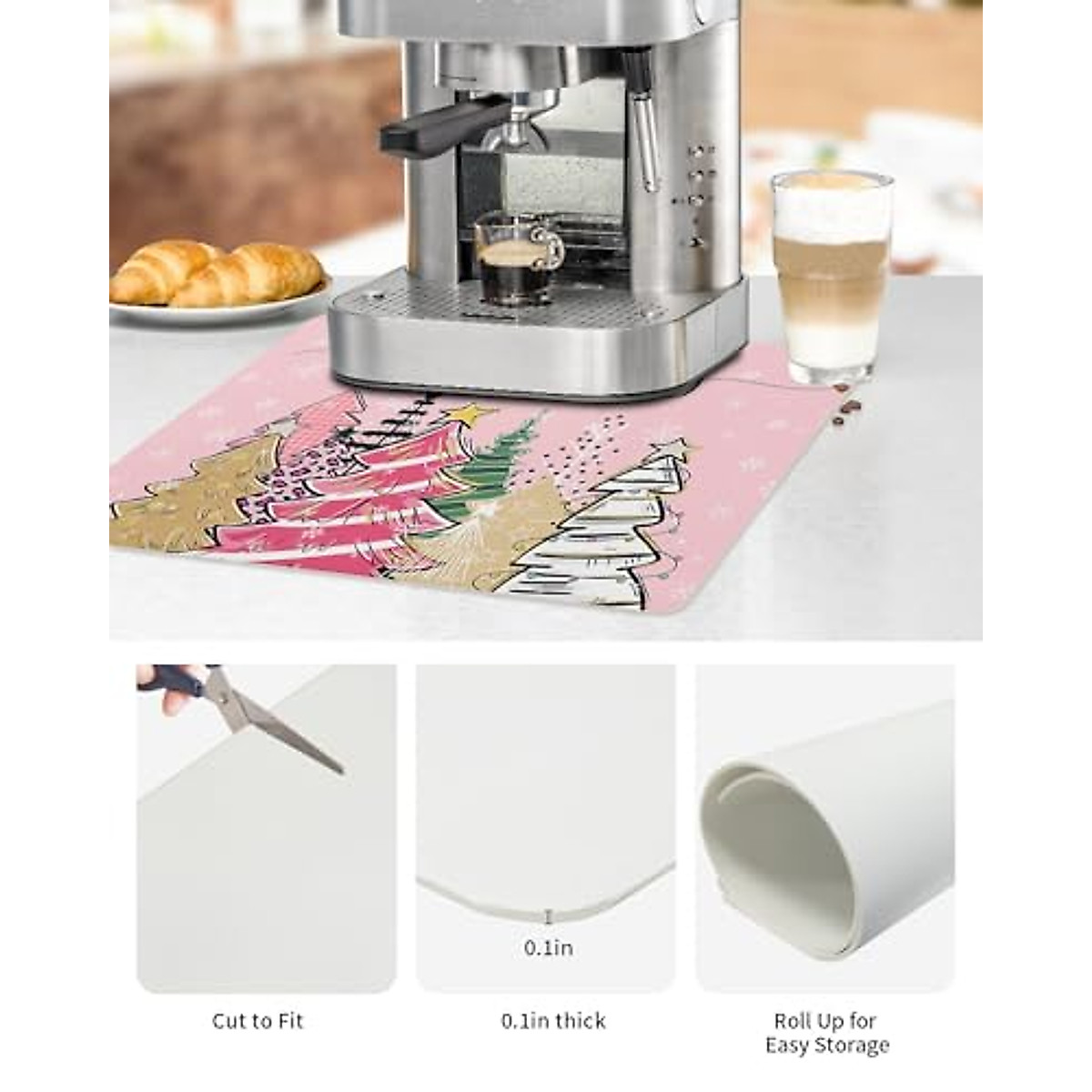 Coffee Mat for Counter,Pink Christmas Tree Winter Forest Trees Snowflake Absorbent Hide Stain Coffee Bar Mat,Non-slip Coffee Bar Accessories Kitchen Drying Mat Fit Under Coffee Maker Espresso Machine