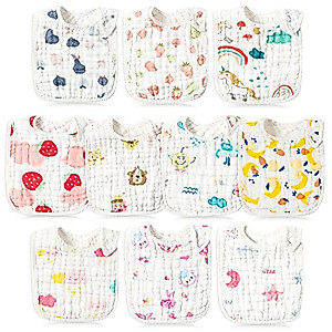 BUoonyer 10pcs Snap Muslin Cotton Bibs, Baby Bandanna Drool Bibs, Adjustable Soft Absorbent Cotton Scarf, Burp Cloths for Babies Infants Newborns Toddlers Feeding, Eating, Teething (Pink)