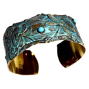 Elaine Coyne Wearable Art Patina Brass Dragonflies Cuff Bracelet - Turquoise