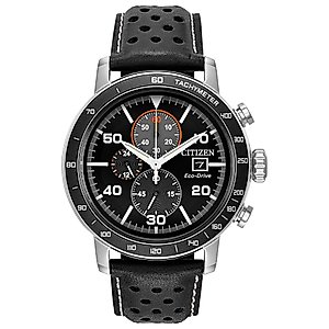 Citizen Men's Eco-Drive Weekender Brycen Chronograph Watch in Stainless Steel, Black Leather strap, Black Dial (Model: CA0649-14E)
