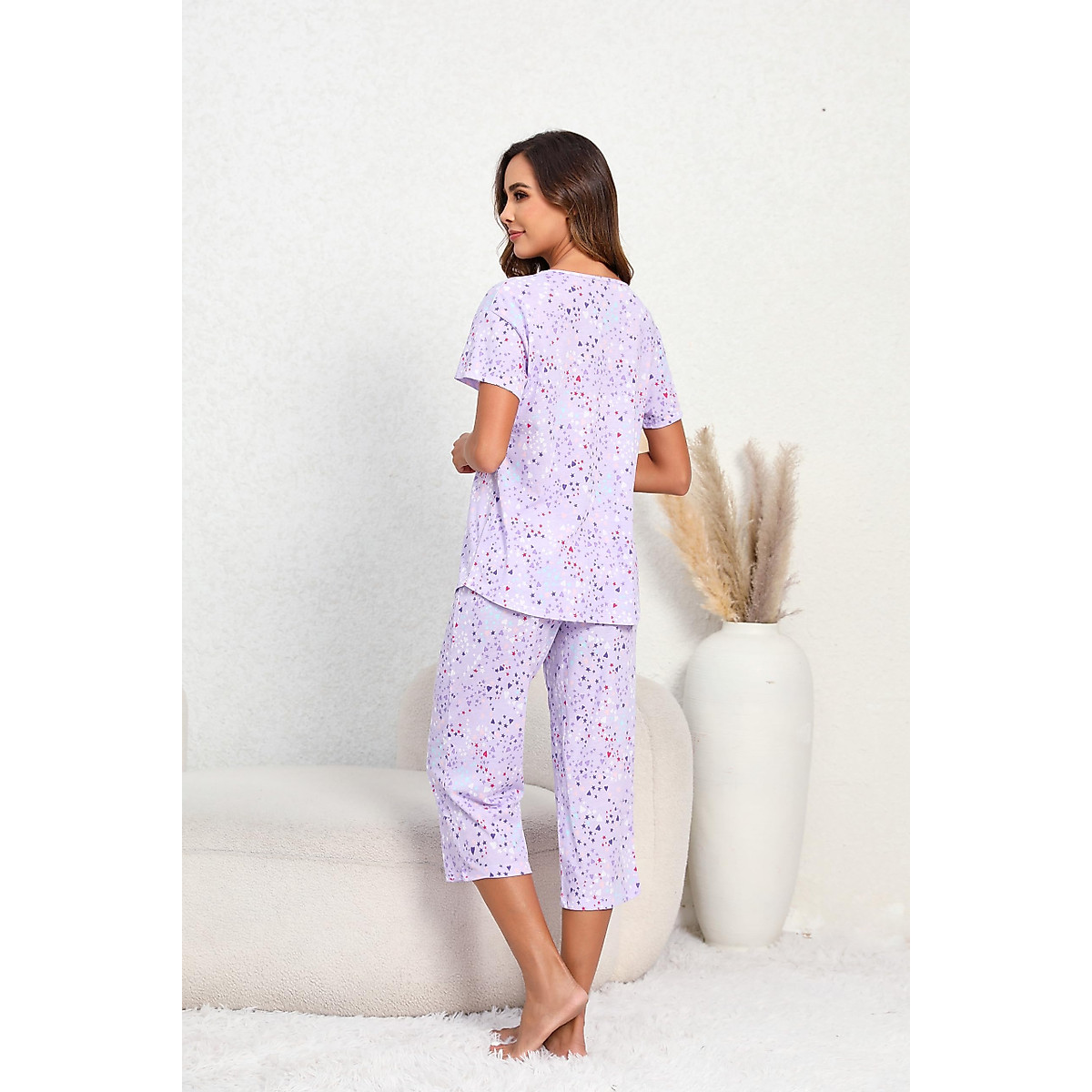PNAEONG Women’s Pajama Set - Sleepwear Tops with Capri Pants Casual and Fun Prints Pajama Sets SY215-Purple-L