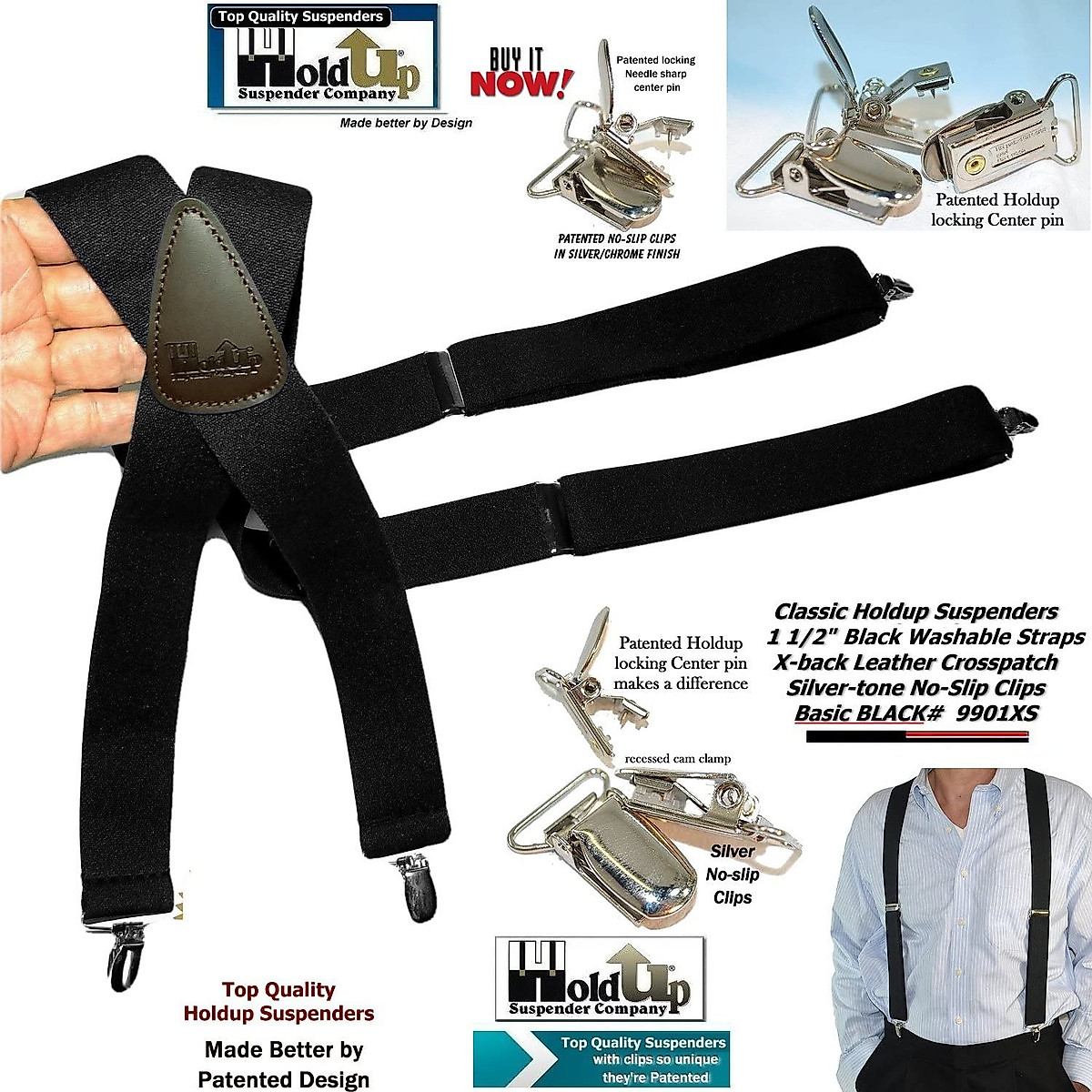 1 1/2" Wide Classic Series Holdups Suspenders for Men in X-back style w/USA Patented No-slip® Silver Clips (Black XS)