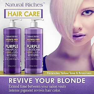 Natural Riches Purple Shampoo and Conditioner Set Sulfate Free Salon Grade for Silver Blonde Platinum Hair. Removes Yellow & Brass tones. Grey Highlighted Hair 16x2 fl oz
