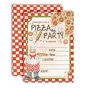Watercolor Chef Pizza Party Themed Birthday Party Invitations for Kids, 20 5x7 Fill In Cards with Twenty White Envelopes by AmandaCreation