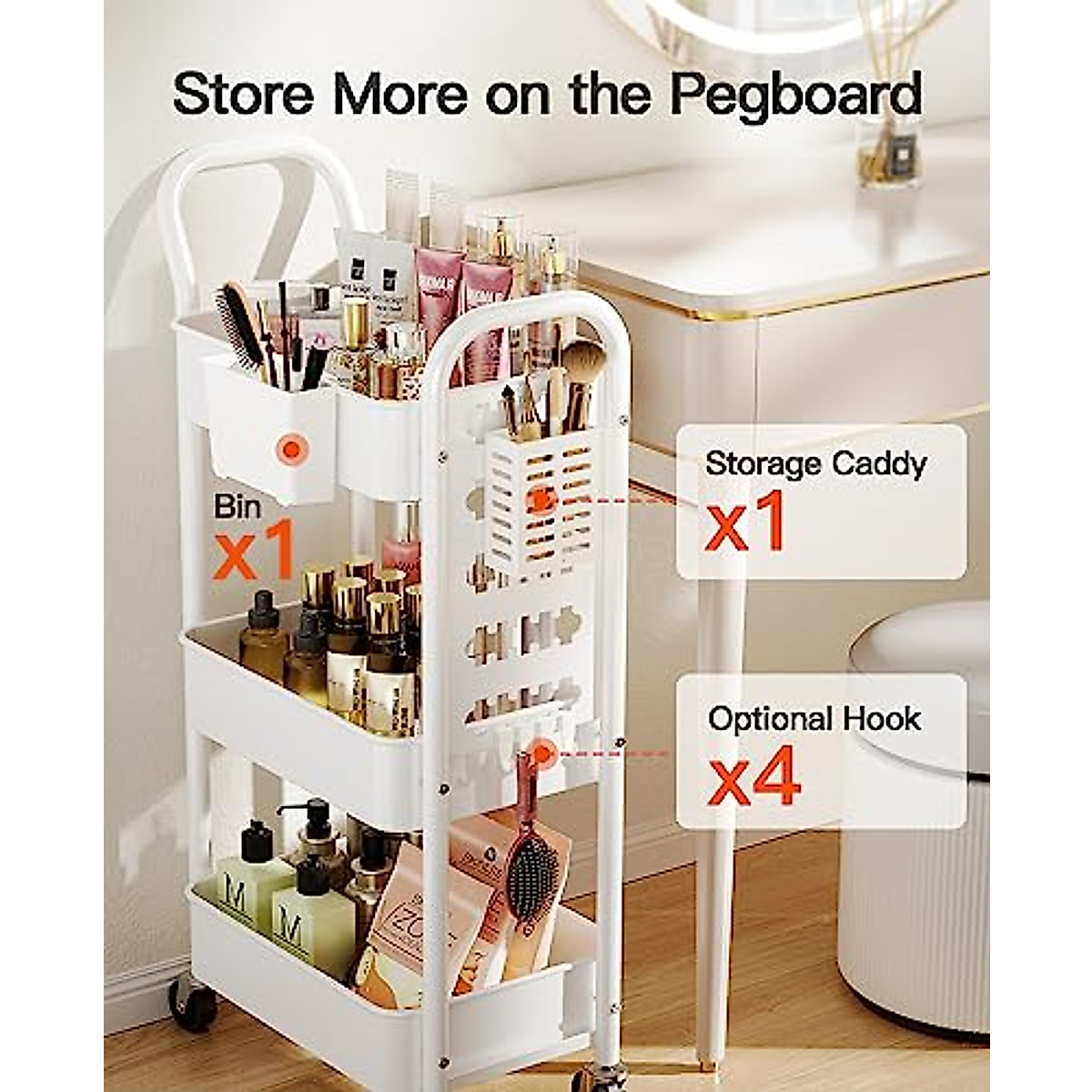 Pipishell 3-Tier Rolling Cart, Metal Utility Cart with Pegboard, Lockable Wheels & U-Shaped Handle, Storage Cart with 2 Hanging Cups & 4 Hooks for Living Room, Bedroom, Kitchen, Office (White)