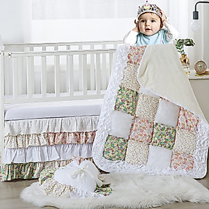 Brandream Luxury Girls Nursery Bedding Farmhouse Floral Crib Bedding Patchwork Baby Blanket Set, 4 Piece Cotton Layered Ruffle Set Pink White Green