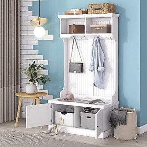 Polibi 64.4" Hall Tree with Top Shelves and Storage Bench Cabinet, Wood Storage Bench with 4 Hooks for Entryway, Living Room and Bedroom, White