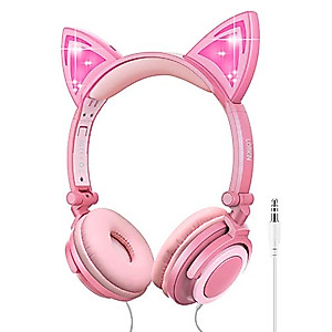 LOBKIN Foldable Wired Over Ear Kids Headphone with Glowing Light for Girls Children Cosplay Fans,Cat Ear Headphones (Peach)