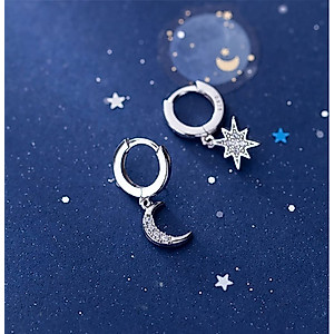 Reffeer Solid 925 Sterling Silver Star Moon Hoop Huggie Earrings Drops for Women Teen Girls Crystal Moon Star Hoop Earrings Dangle (A-Silver)