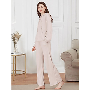 YKR Womens Loungewear Set 2 Piece Waffle Knit Lounge Sets Hooded Top and Wide Leg Pant Sweatsuits with Pockets Beige L