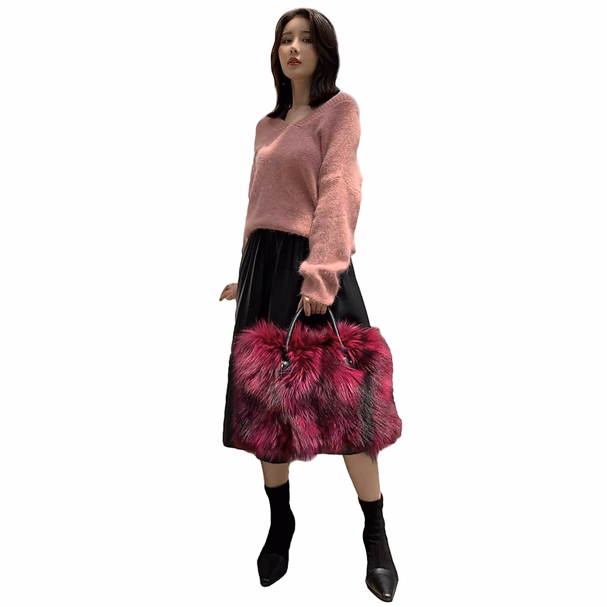 KAISHIN Women Full-pelt Fox Fur Shoulder Bags Ladies Genuine Cowhide Hard Handle Extra Large Handbags Rose