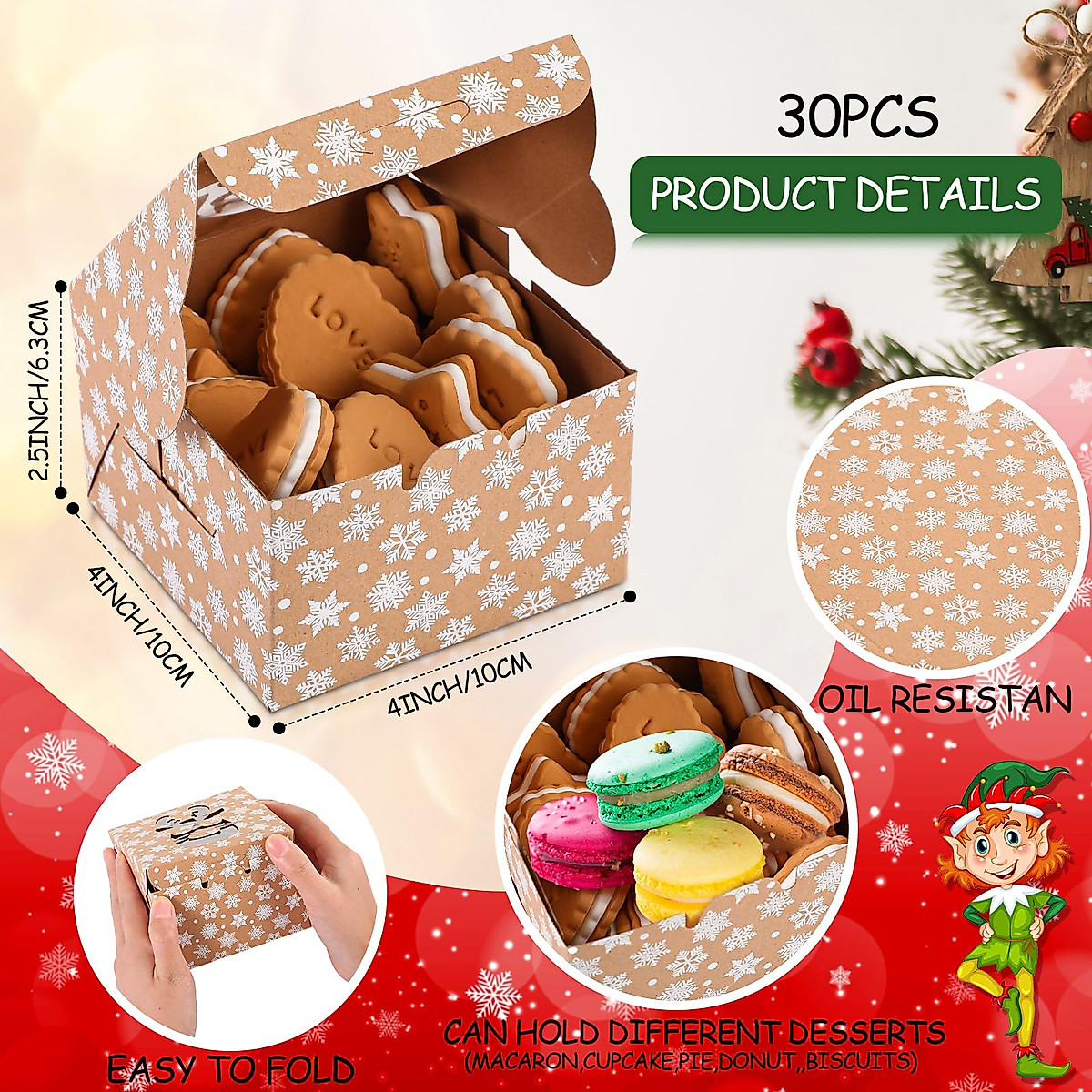 Tenare 30 Pieces Christmas Cookie Boxes with Clear Window Cupcake Boxes Bakery Boxes Pastry Packaging Boxes Brown Kraft Present Box with Rope for Food Present Giving, 4 x 4 x 2.5 Inches (Delicate)
