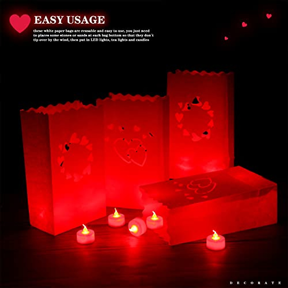 12 Pieces Luminary Paper Bags with 12 Pcs LED Flameless Candle Red Hearth Luminaries Paper Bags Flame Resistant Candle Bag for Valentine's Day Wedding Outdoor Party Home Decoration