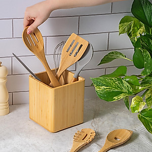 Dehaus® Stylish Large Bamboo Utensil Holder - Premium Wooden Kitchen Utensil Organizer - Utensil Caddy for Countertop - Counter Storage Crock for Cooking Spoon, Spatula, Silverware or Flatware