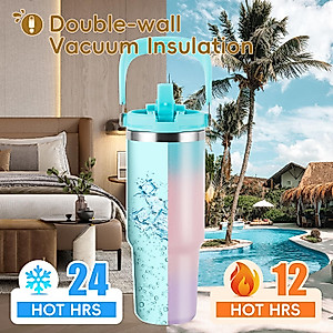 VUSIGN 30 oz Tumbler with Handle and Flip Straw, Stainless Steel Vacuum Insulated Water Bottle Travel Mug Thermal Cup for Home, Office, Car, Outdoors, Sports, Carnival