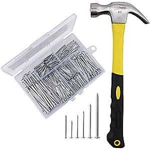 376pcs Hardware Nails Assortment kit with 2" Nails & 8oz Claw Hammer, Nails for Hanging Pictures, Picture Hanging Nails, Finishing nails, Wall nails, Small nails, Wood nails and Hammer