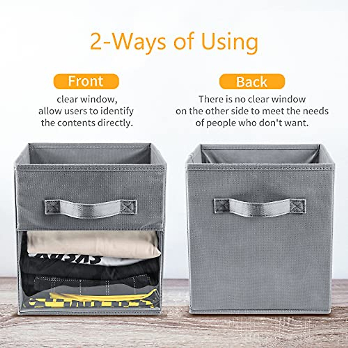 6 Pcs Foldable Fabric Storage Cubes, 11 Inch Cube Storage Bins, Cubby Storage Bins, Shelf Baskets with 2 Durable Handles and Clear Window, for Clothes, Toys, Books, Closet, Shelf, Kids Room, Grey