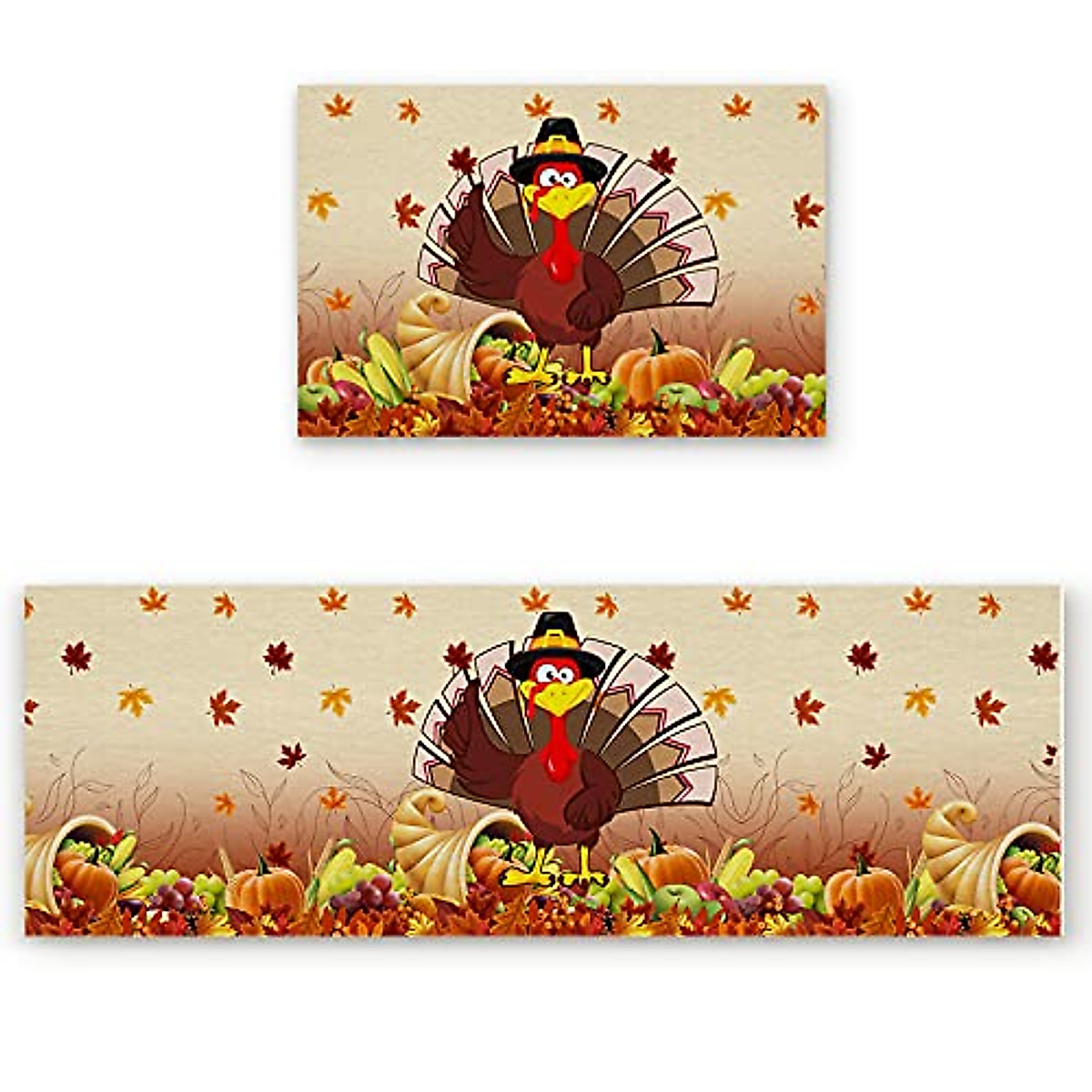 2 Piece Thanksgiving Kitchen Rug Set Funny Turkey Fall Autumn Harvest Pumpkins Maple Leave Comfort Doormat Absorbent Bathroom Carpet Non Slip Area Rug Pad Home Decor Mat (15.7" x 23.6"+15.7" x 47.2")