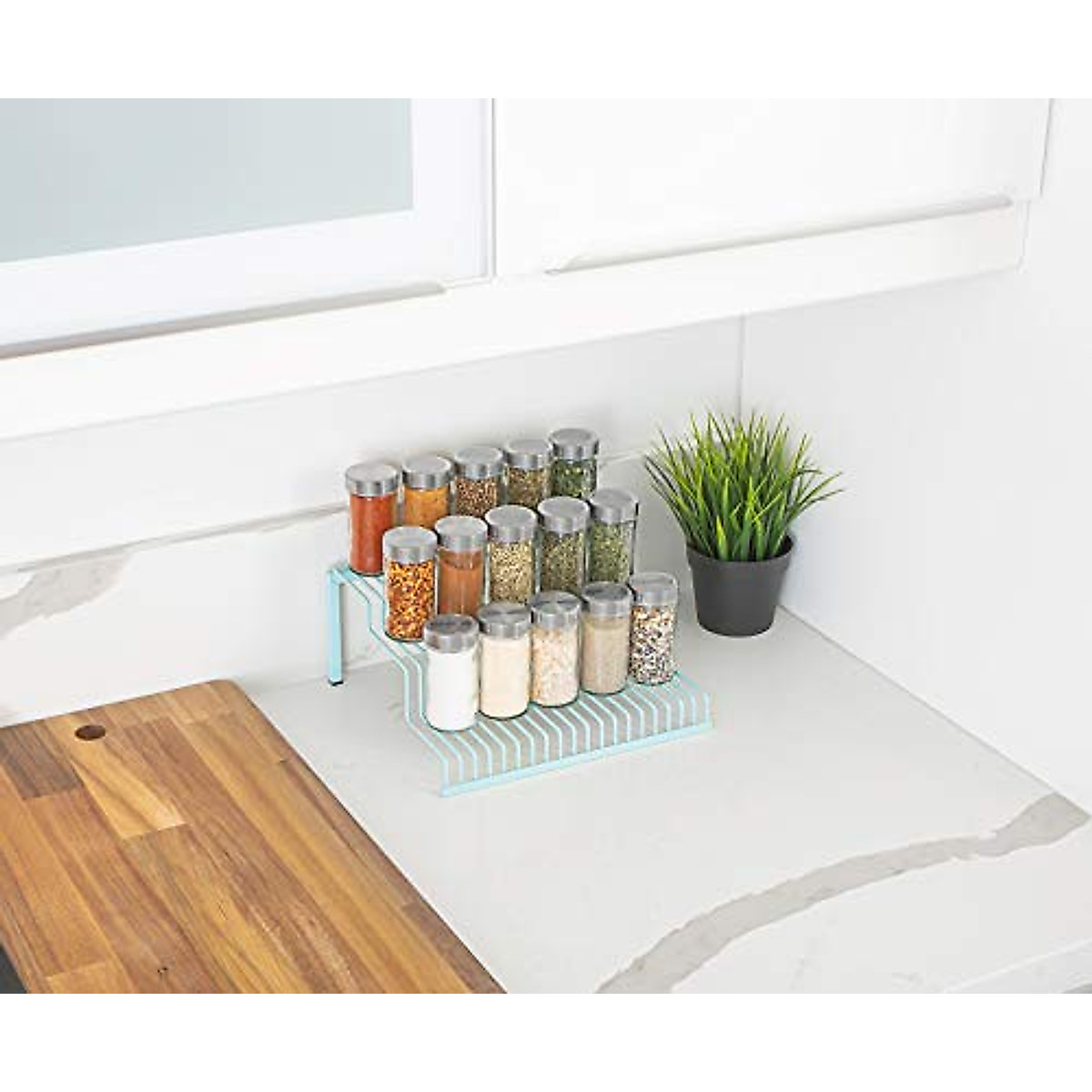 Smart Design Heavy Duty 3-Tier Spice Rack Shelf Organizer - Steel Metal Wire - Cupboard, Jars, Can, Cabinet and Pantry Storage Organization - Kitchen 10.25 x 4.25 Inch - Light Blue