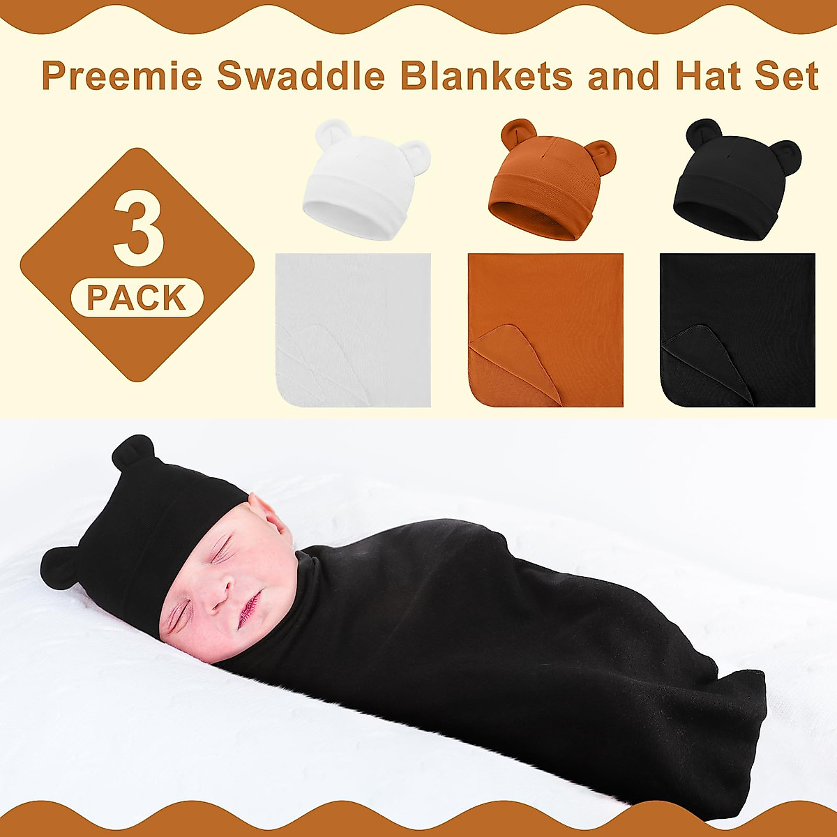 Liitrsh 3 Pack Preemie Swaddle Blankets and Hat Set Preemie Baby Boy Clothes Swaddle Set Preemie Wrap Receiving Blankets Preemie Hat for Preemie Girls