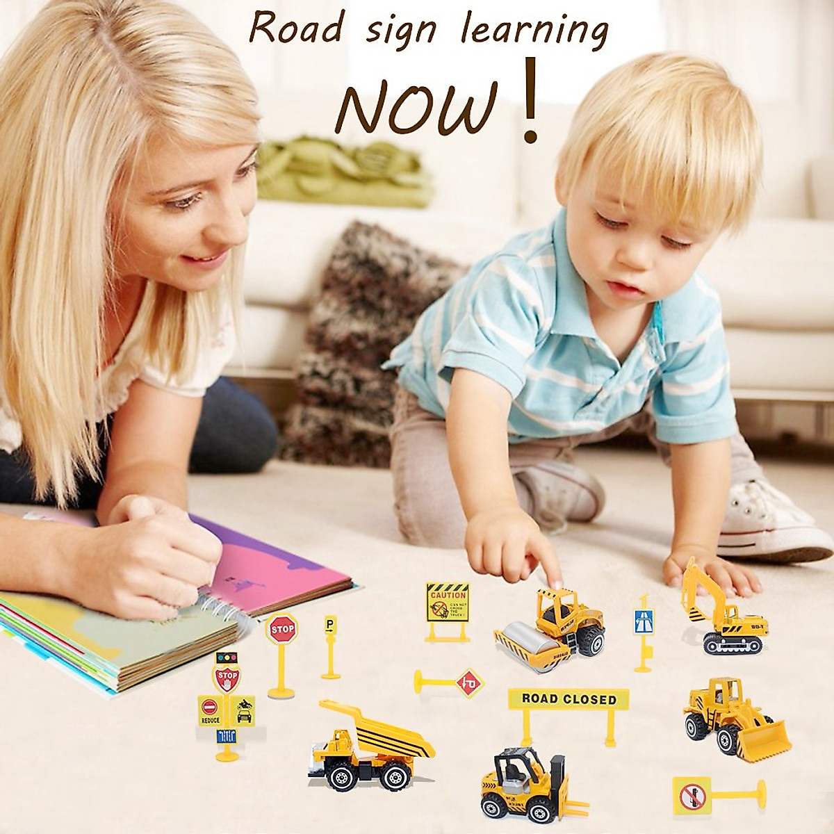 ZOHUMI Construction Toys Sets, 5 Pieces Mini Vehicles, Including Truck Forklift Bulldozer Road Roller Excavator Dump Truck Tractor,Free-Wheeling Cars for Children
