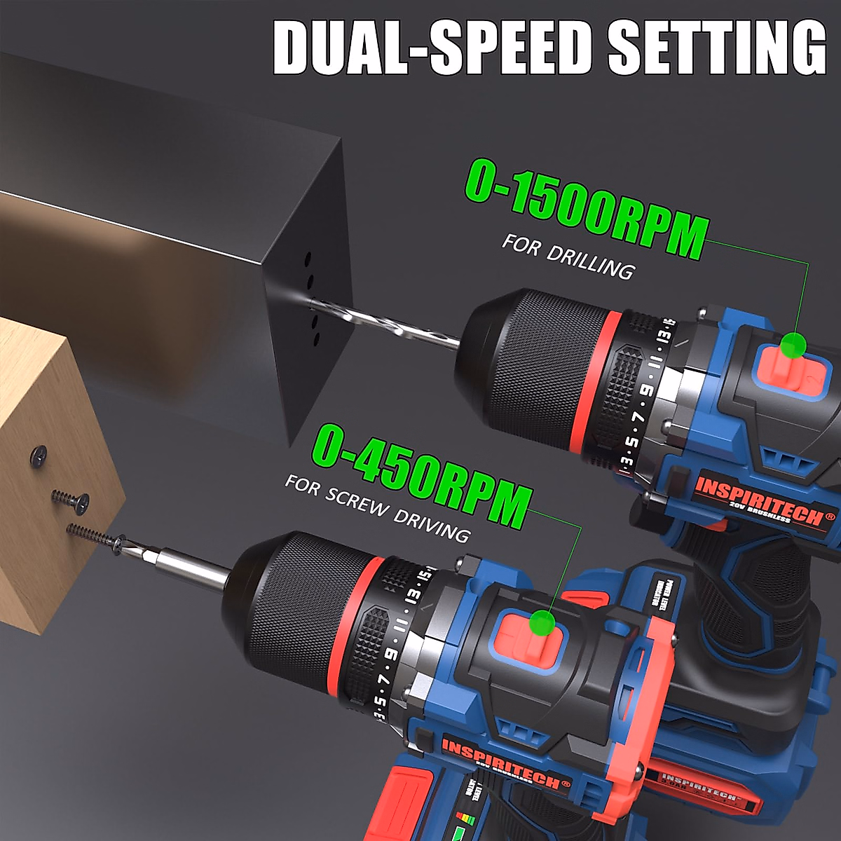 INSPIRITECH 20V Cordless Drill Set, Brushless Power Drill Set with 2 Batteries and Charger,3/8-Inch Metal Chuck Electric Drill Driver,22 Torque Setting,Drill/Driver Bits and Tool Bag Included