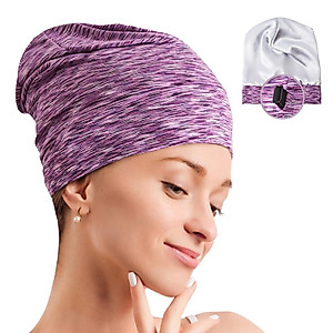 Jelbolin Satin Bonnet Silk Lined Sleep Cap Adjustable Stay On Slouchy Beanie for Sleeping Women Curly Hair Night, Mixed Purple