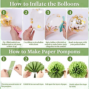 Sage Green Gold Birthday Party Decorations with Happy Birthday Banner,Fringe Curtain ,Paper PomPom,Crown Foil Balloon,Circle Dots Garland,Tassel Garland,Sand White Birthday Balloons for Women Girls