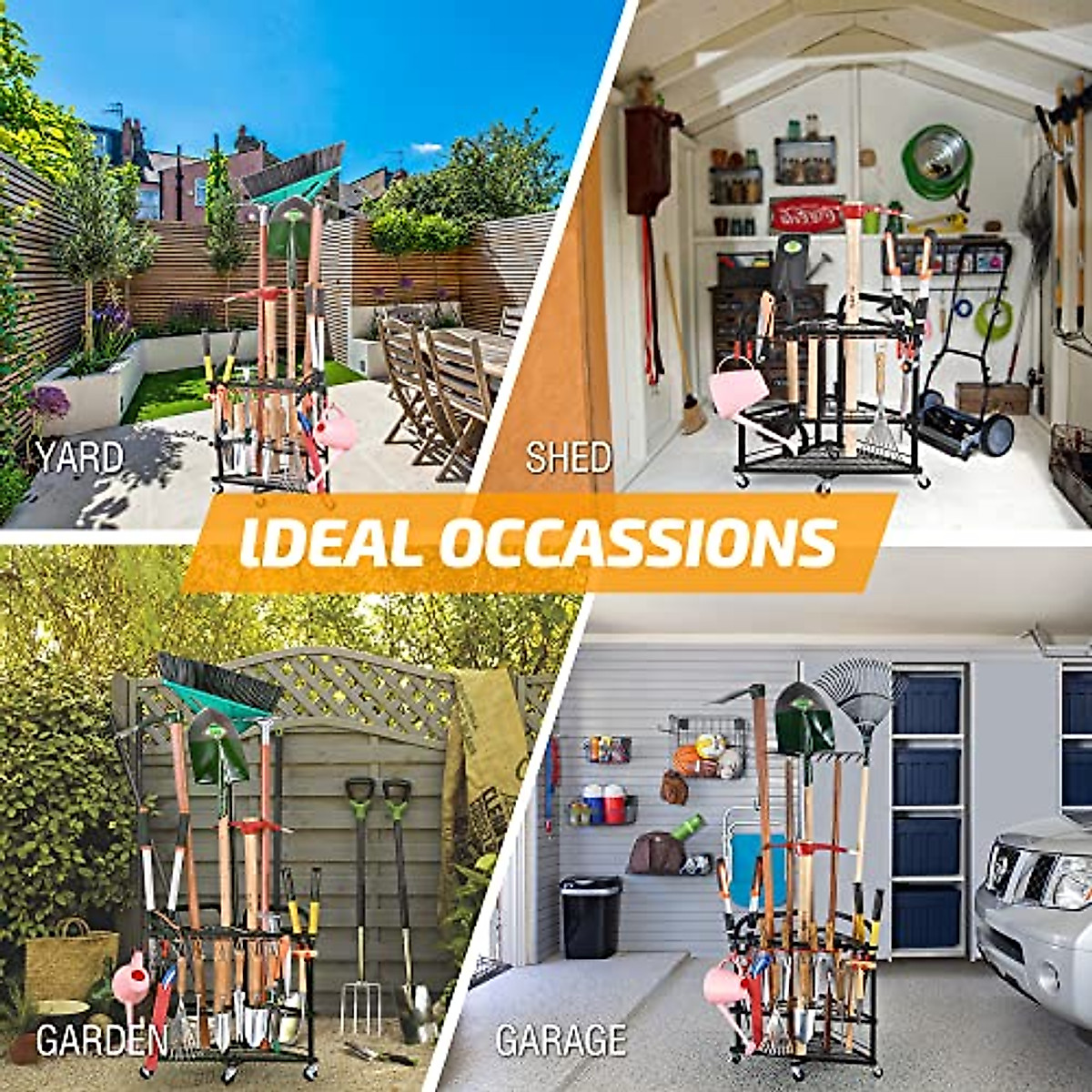 PLKOW Garden Tool Organizer with Wheels and Storage Hooks, Rolling Corner Tool Storage Rack for Garden, Shed, Garage, Powder Coated Steel, Black